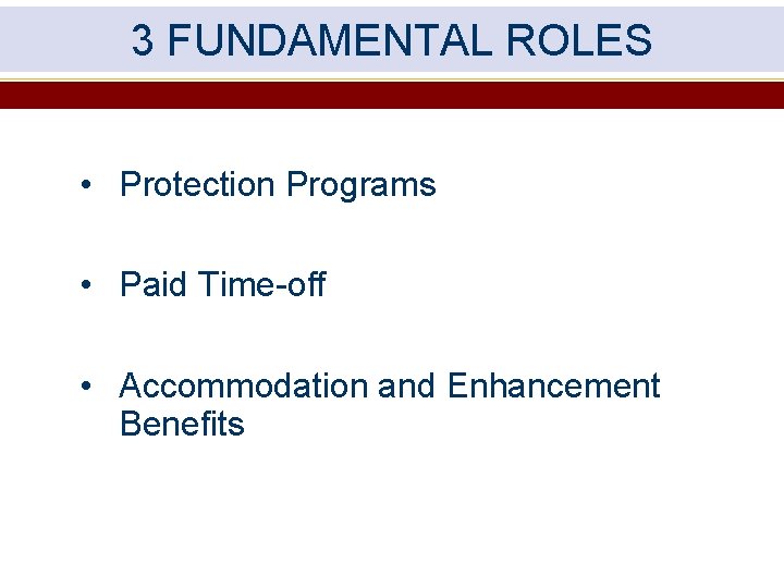 3 FUNDAMENTAL ROLES Protection Programs Paid Timeoff Accommodation