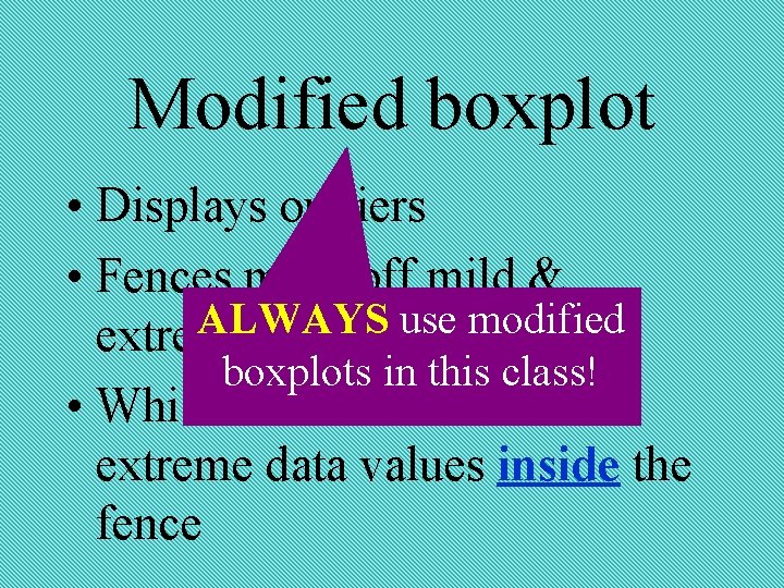 Why use boxplots Easy to construct Conveniently shows