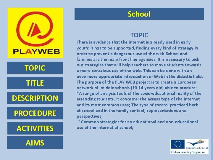School TOPIC TITLE DESCRIPTION PROCEDURE ACTIVITIES AIMS There