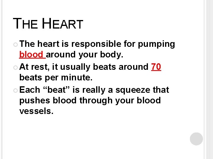 THE CIRCULATORY SYSTEM THE HEART The heart is