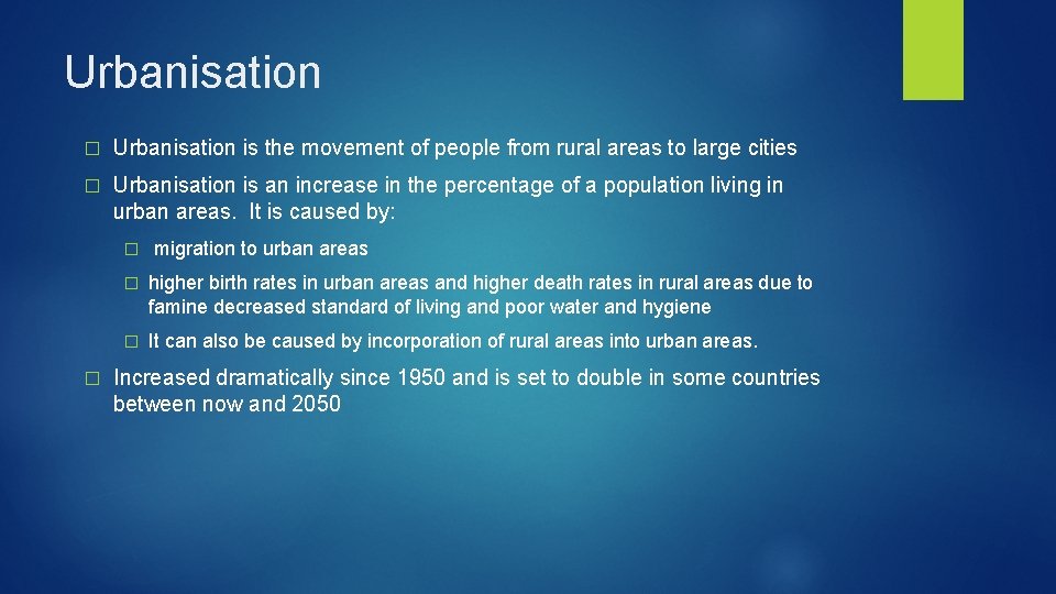 Urban Global Trend LI To identify urbanisation as