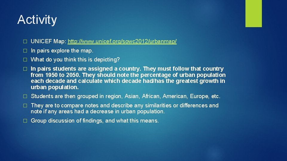 Urban Global Trend LI To identify urbanisation as
