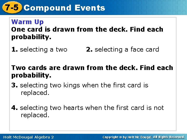 7 5 Compound Events Warm Up One card