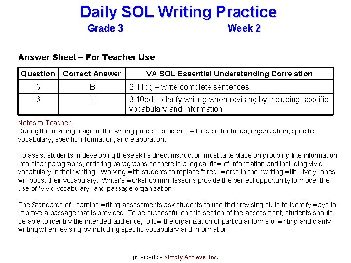 Daily SOL Writing Practice Grade 3 Week 2