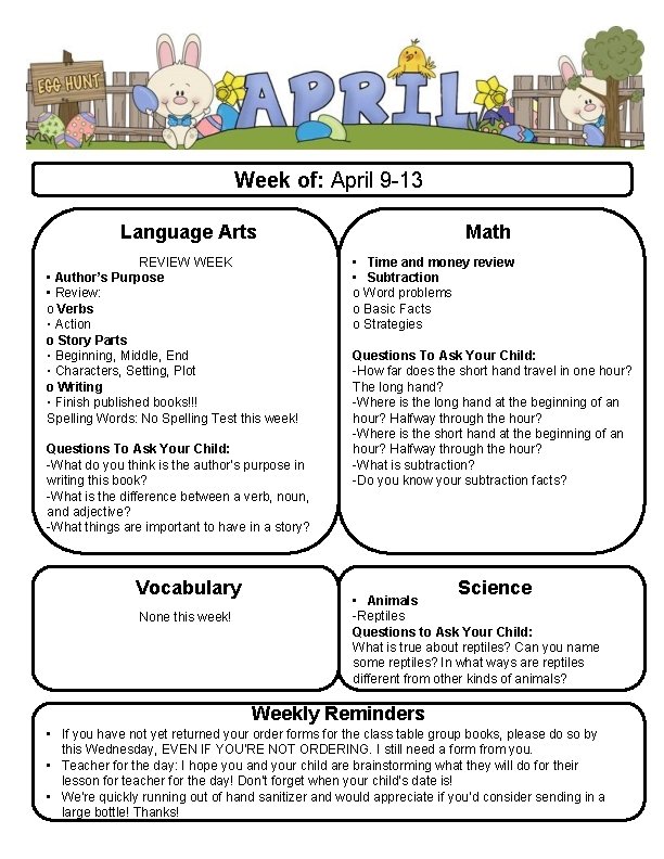 Week of April 9 13 Language Arts REVIEW