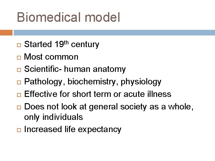 VIEWS ON HEALTH Models Health Experts Biomedical Model