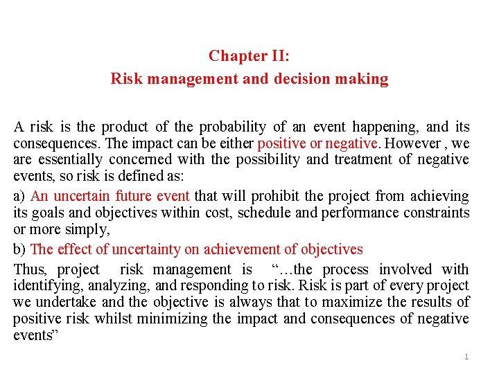Chapter II Risk management and decision making A