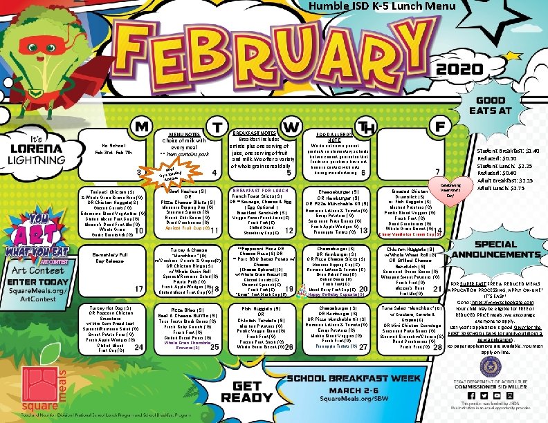 Humble ISD K5 Lunch Menu No School Feb