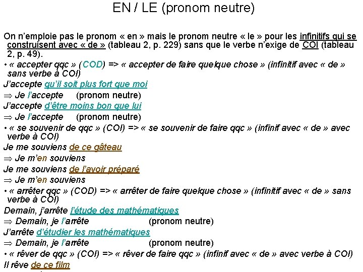 Les pronoms complment nom de chose avec verbe