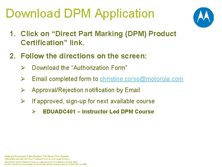 Direct Part Marking DPM Certification Process Motorola Document