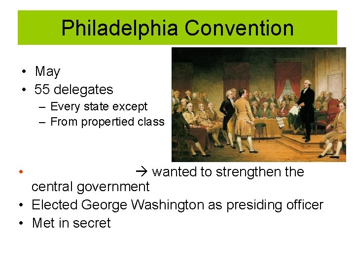 Philadelphia Convention May 55 delegates Every state except