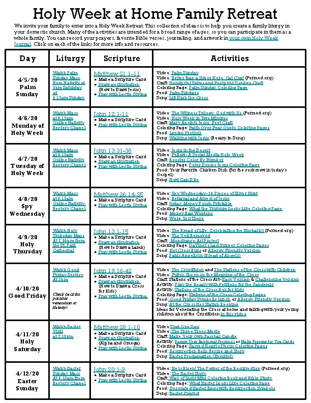 Holy Week at Home Family Retreat We invite