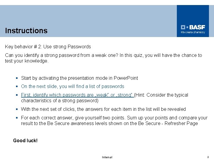 Key behavior 2 Be Secure Awareness Quiz Information