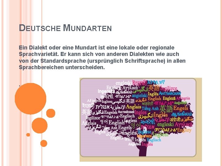 DEUTSCHE MUNDARTEN Ein Dialekt oder eine Mundart ist