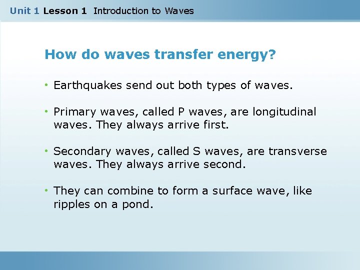 Unit 1 Lesson 1 Introduction to Waves Unit