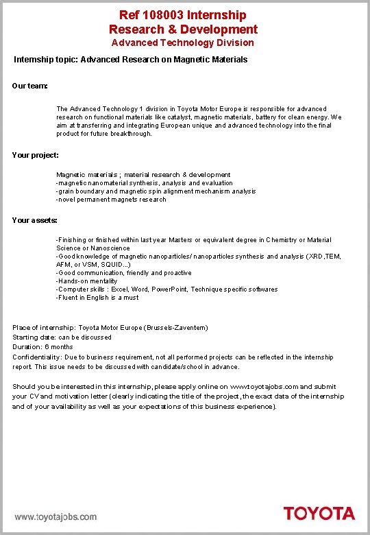 Ref 108003 Internship Research Development Advanced Technology Division