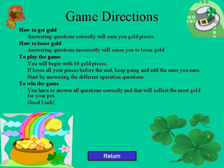 Story Leprechaun Math Game Directions Play the game