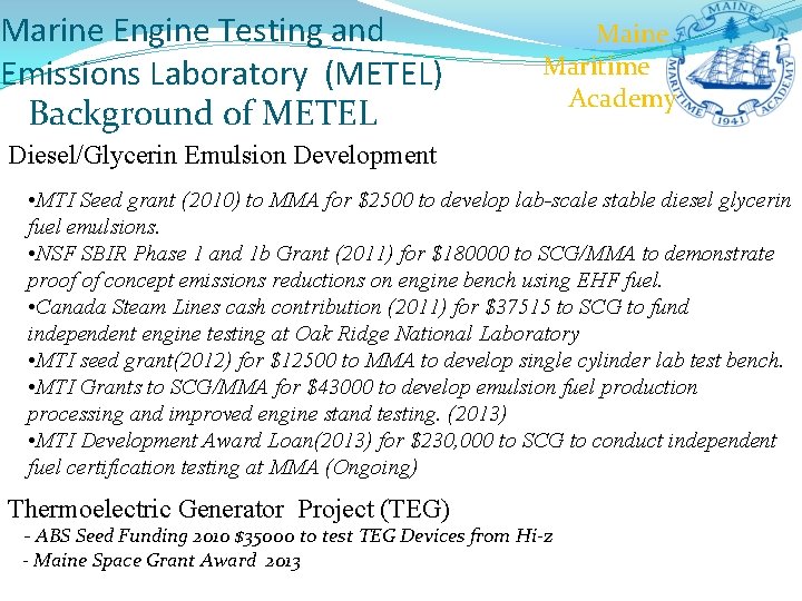 Marine Engine Testing and Emissions Laboratory METEL Maine