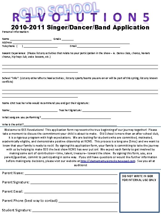 2010 2011 SingerDancerBand Application Personal Information Name Grade