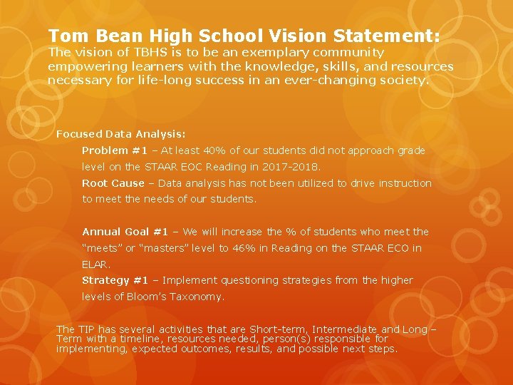 Tom Bean High School Targeted Improvement Plan Summary
