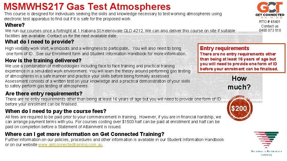 MSMWHS 217 Gas Test Atmospheres This course is