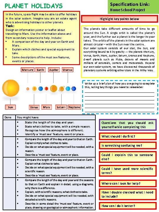 Specification Link PLANET HOLIDAYS In the future space