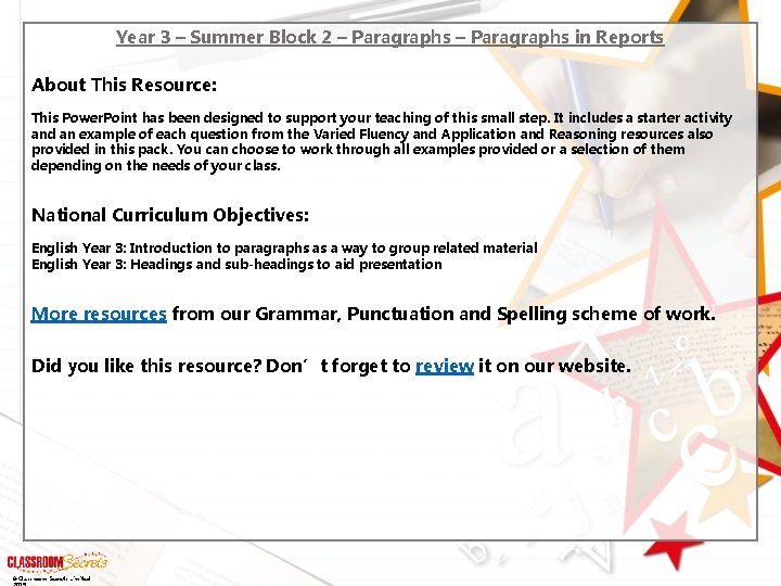 Year 3 Summer Block 2 Paragraphs in Reports