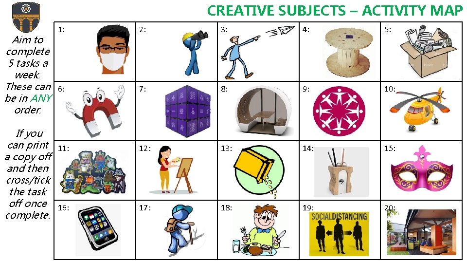 CREATIVE SUBJECTS ACTIVITY MAP 1 Aim to complete