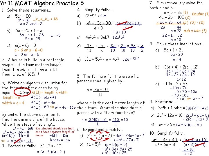 Yr 11 MCAT Algebra Practice 5 1 Solve