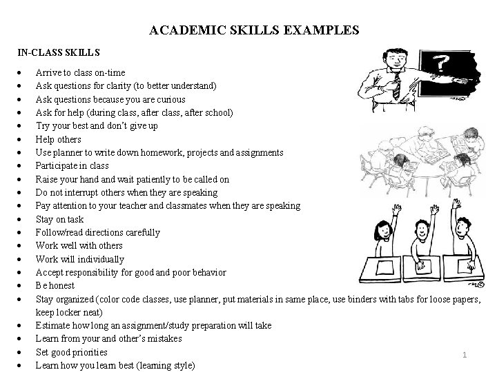 ACADEMIC SKILLS EXAMPLES INCLASS SKILLS Arrive to class