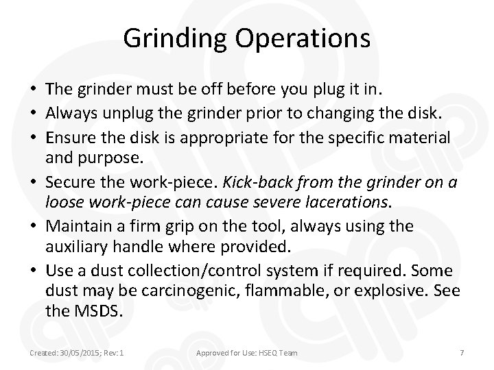 TOOLBOX TALK 010 SAFE USE OF ANGLE GRINDERS