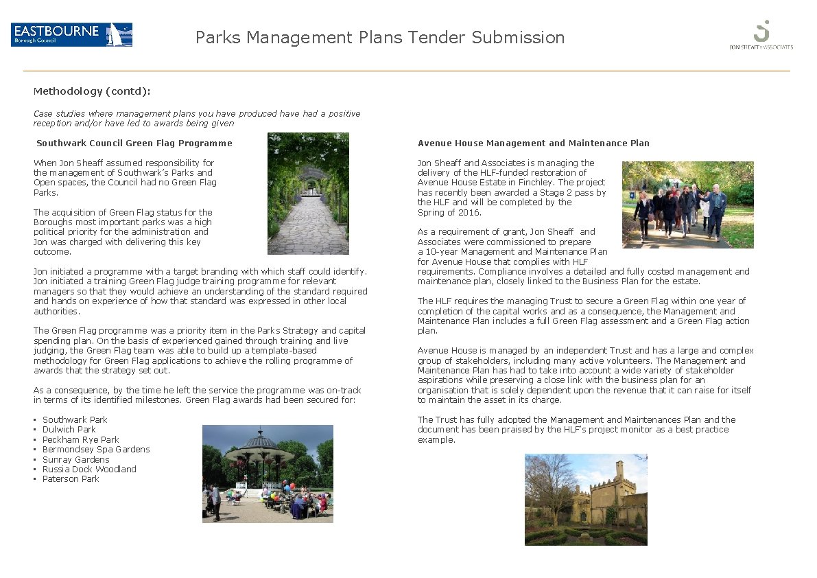 Parks Management Plans Tender Submission Parks Management Plans