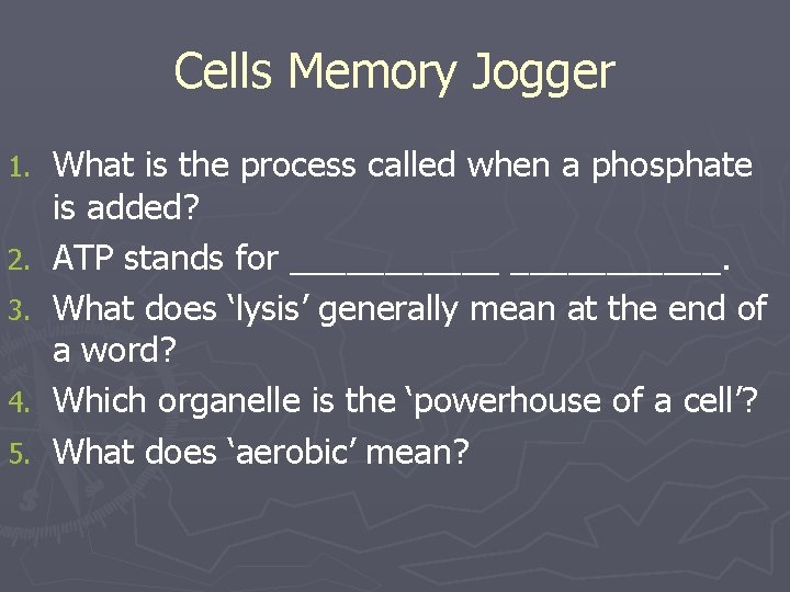 Cells Memory Jogger 1 2 3 4 5