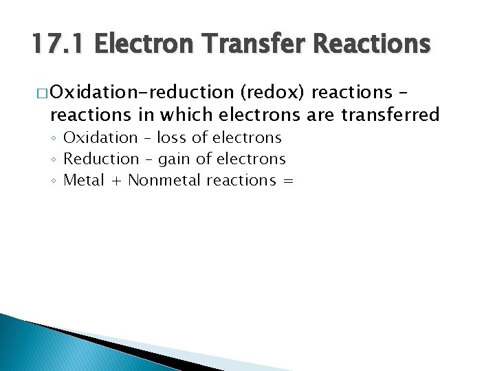 Honors Chemistry Chapter 17 OxidationReduction Reactions and ...