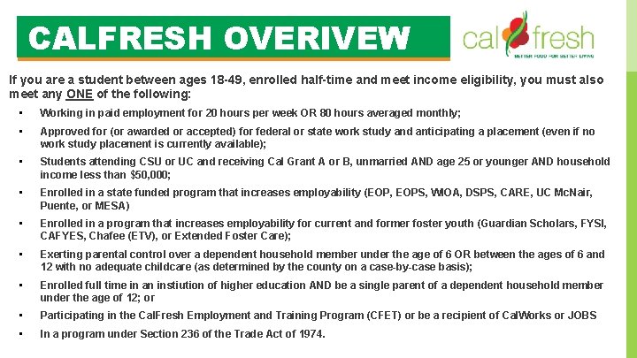 INCREASING ACCESS TO CALFRESH FOR FOSTER YOUTH STUDENTS