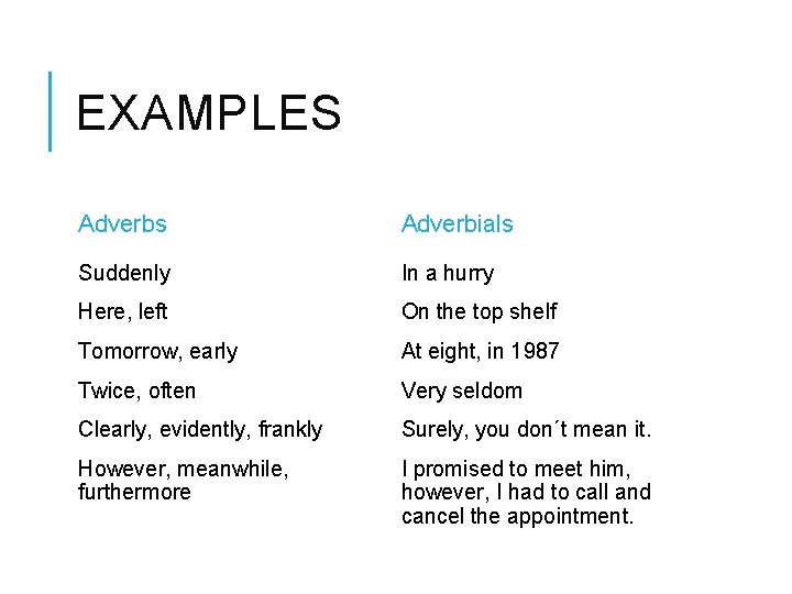 OTHER CLAUSE ELEMENTS ADVERBIALS ADVERBIALS A Optional elements