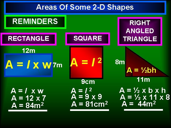 Areas Of Some 2 D Shapes REMINDERS RECTANGLE