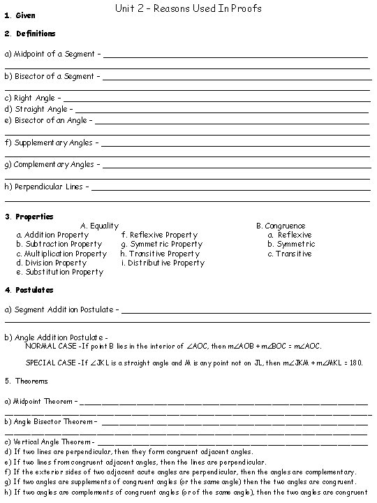 1 Given Unit 2 Reasons Used In Proofs