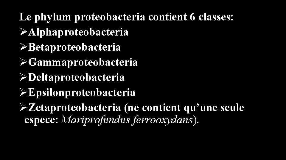 Le phylum proteobacteria contient 6 classes Alphaproteobacteria ...