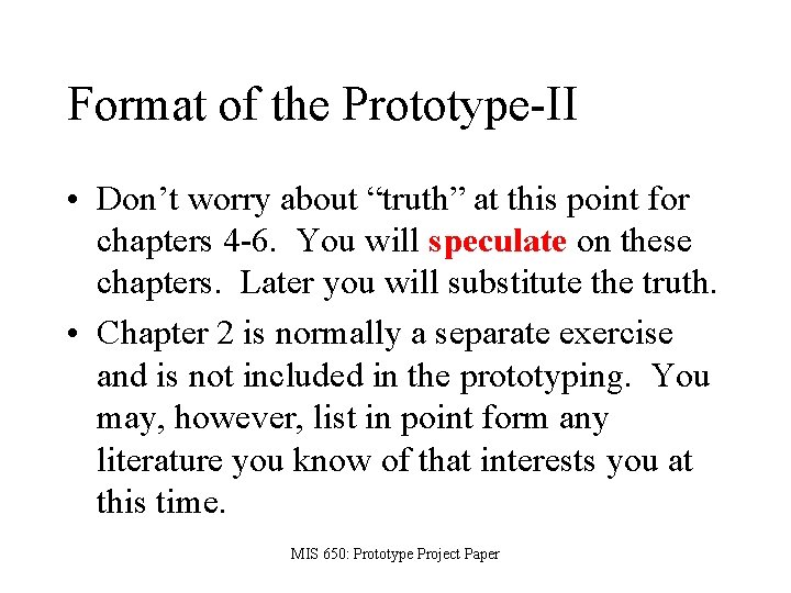 MIS 650 Prototype Project Paper Contents Chapter by
