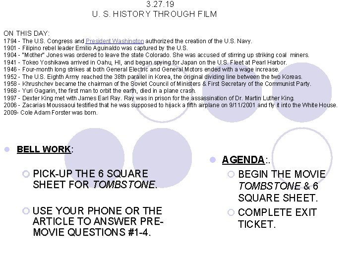 3 27 19 U S HISTORY THROUGH FILM
