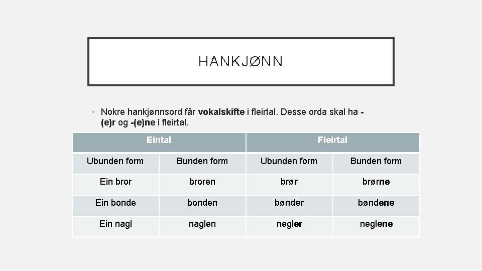 GRAMMATIKK SUBSTANTIV Ubunden artikkel ei ein eit Fortel