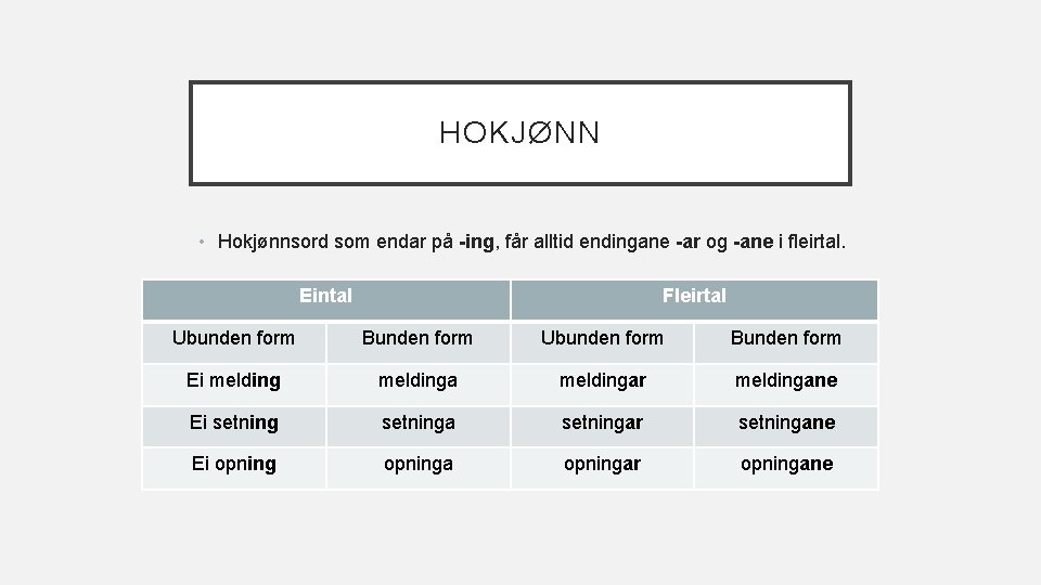 GRAMMATIKK SUBSTANTIV Ubunden artikkel ei ein eit Fortel