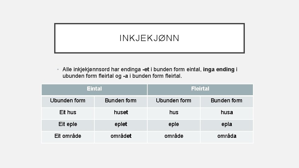 GRAMMATIKK SUBSTANTIV Ubunden artikkel ei ein eit Fortel
