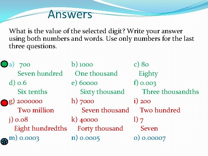 Place value Ordering numbers including decimals and negative