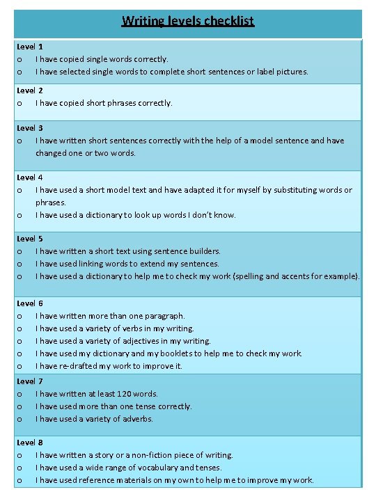 Writing levels checklist Level 1 o I have