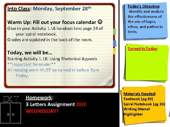 Into Class Monday September 28 th Warm Up