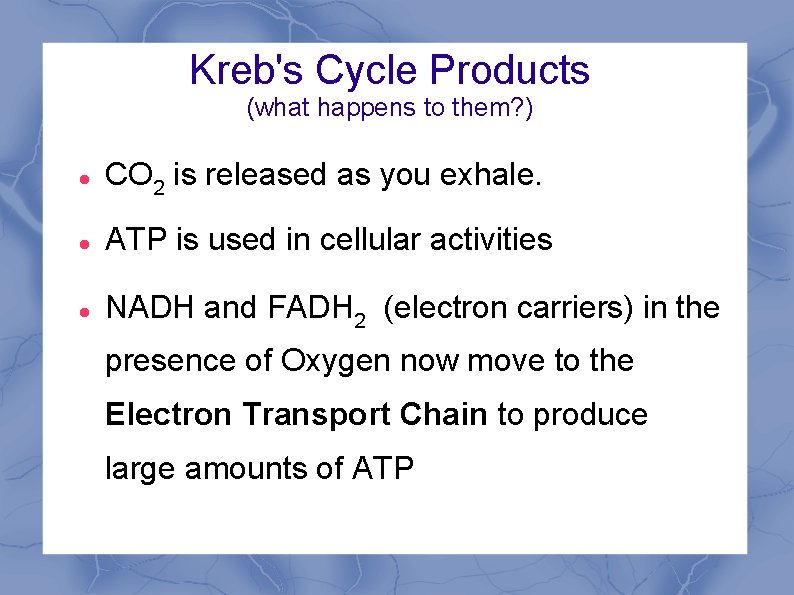 The Krebs Cycle Electron Transport AFTER GLYCOLYSIS 90