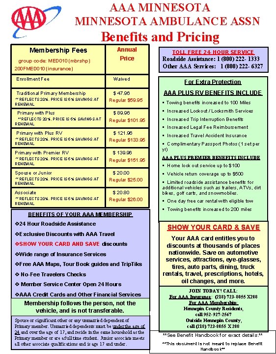 AAA MINNESOTA AMBULANCE ASSN Benefits and Pricing Annual