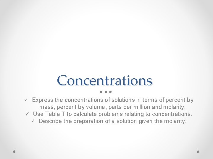 Concentrations Express the concentrations of solutions in terms